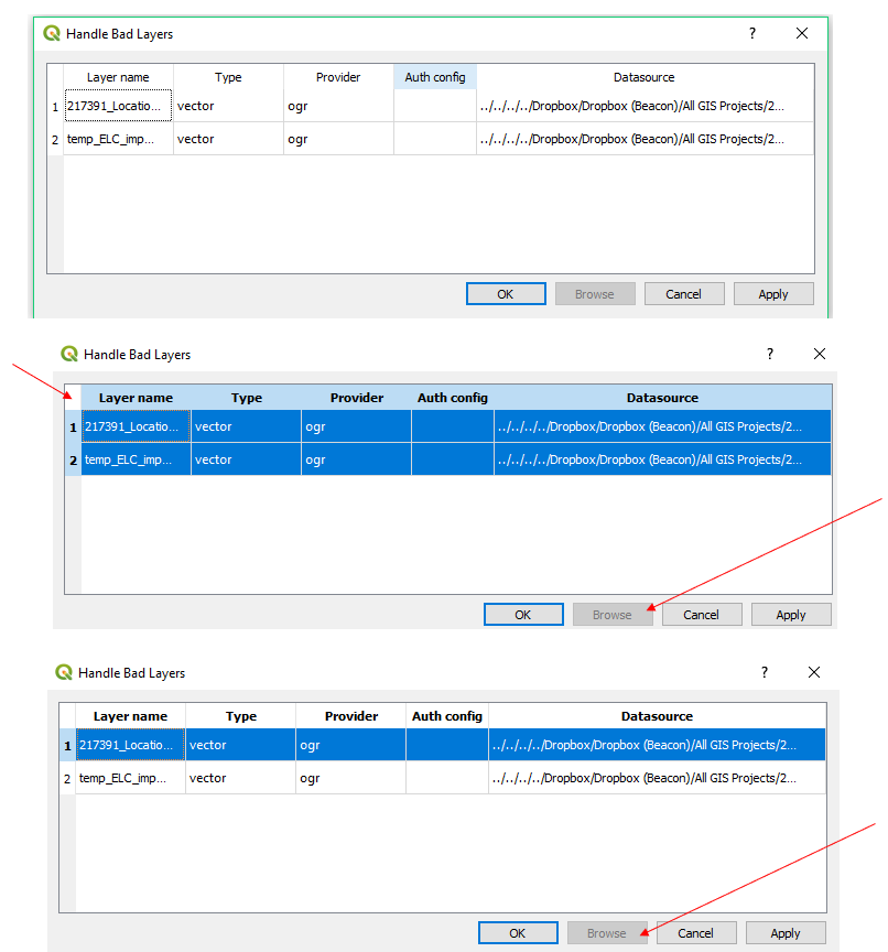 Bug report #20306: Browse button no longer works (greyed out) in Handle Bad Layers Dialog - QGIS ...
